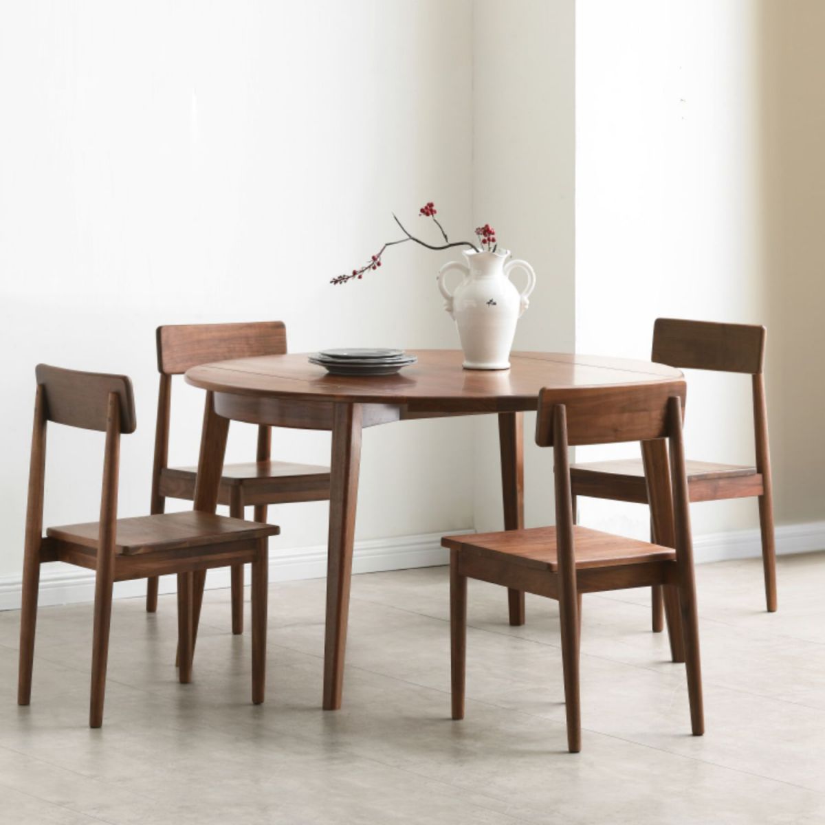Modern Round Retractable Walnut Top Dining Table with 4 Brown Legs
